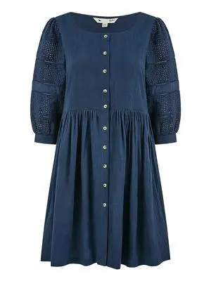 YUMI Cotton Tunic With Broderie Anglaise Puff Sleeves - Blue