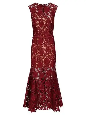 SELF-PORTRAIT Lace Midi Dress With Belt - Red