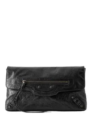 Balenciaga Le City Crinkled Leather Clutch With Studs - Black