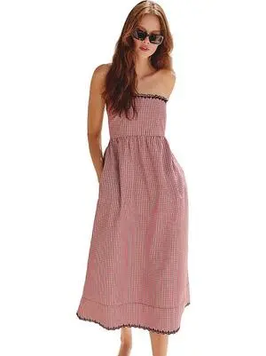 SNDYS. Logen Embroidered Midi Dress - Pink Pattern
