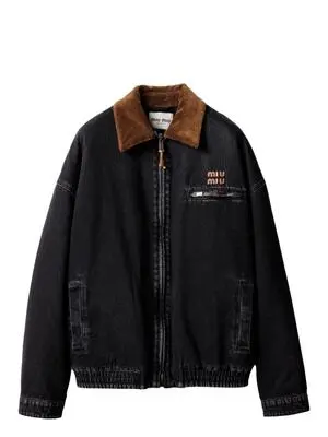 Miu Miu Logo-patch Zipped Denim Padded Jacket - Black