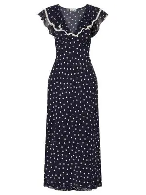 Rixo RIXO Polka Dot V-Neck Midi Dress With Crochet Lace Trim No