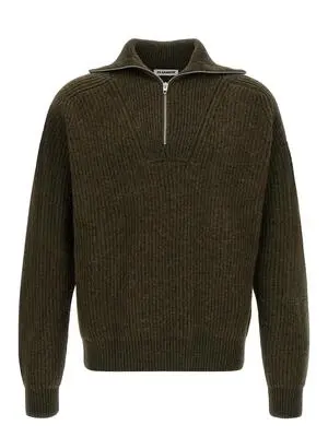 JIL SANDER JIL SANDER Ribbed Wool Half-Zip Sweater Green