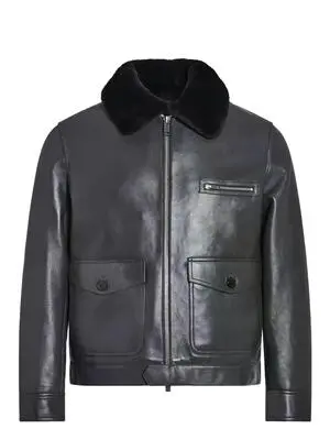 YVES SALOMON Shearling Collar Leather Jacket - Grey