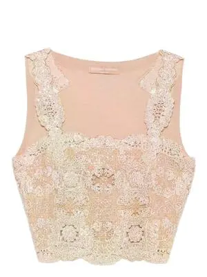 Ermanno Scervino Beige Lace Embellished Cropped Top - Neutrals