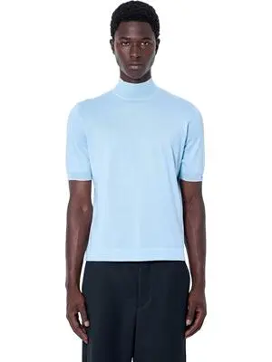 Prada Ribbed Knit Mock Neck Short Sleeve Top - Blue