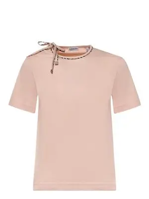 BURBERRY Burberry Checked-Trim Tie-Neck Knitted Top