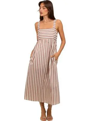 PINKBLUSH Striped Sleeveless Square Neck Midi Dress With Pockets - Mocha