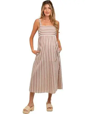 PINKBLUSH Striped Sleeveless Square Neck Midi Dress With Pockets - Mocha