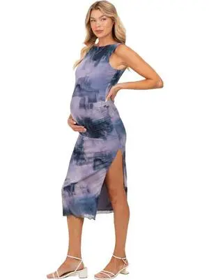 PINKBLUSH Sleeveless Mesh Abstract Print Midi Maternity Dress - Blue