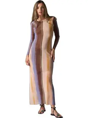 JBQ Petra Sheer Mesh Long Sleeve Midi Dress - Blue Multi