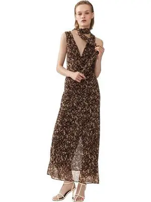 H&m Long Chiffon Dress With Scarf Detail - Dark Brown/patterned