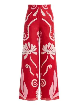 CALA DE LA CRUZ Cala De La Cruz Graphic Print Wide-Leg Linen Pants Red