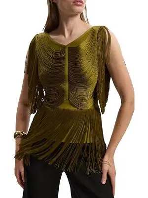 Karen Millen Karen Millen Draped Fringe Knitted Top Olive
