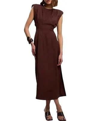 Karen Millen Linen Blend Pin Tucked Midi Dress - Chocolate