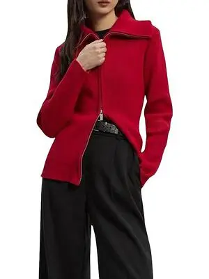 Karen Millen Cotton Zip Through Collared Knit Cardigan - Red
