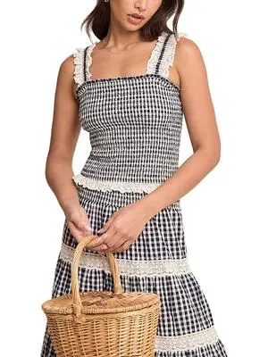NOBODY'S CHILD Gingham Lace Trim Top - Black