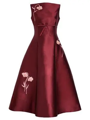Erdem Floral Embroidered Mikado Satin Midi Dress - Bordeaux