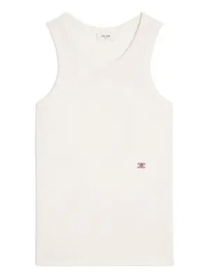 Celine Ribbed Cotton Silk Tank Top With Triomphe Embroidery - Vanilla/red