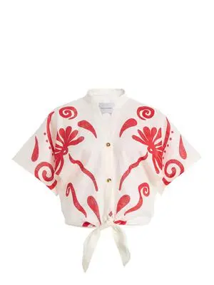 CALA DE LA CRUZ Leroy Linen Printed Top With Front Tie - Red