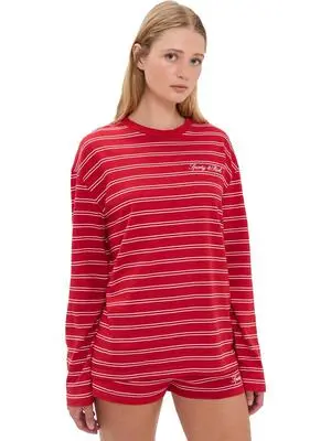 SPORTY & RICH Signature Logo Striped Long Sleeve Tee - Ruby/white