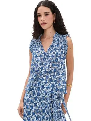 Xirena Bex Top Floral Print V-neck Sleeveless Gauze Blouse - Cobalt Shell