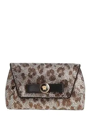 Versace Leopard Print Crystal Embellished Clutch - Silver