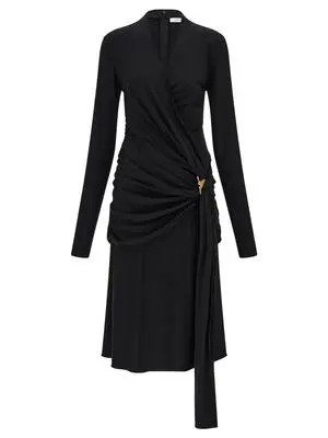 FERRAGAMO Viscose Dress With Gathered Waist And V-neck - Black