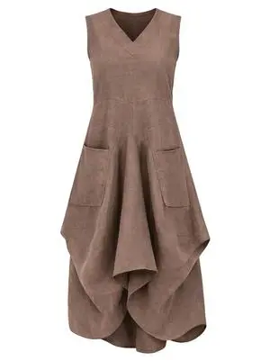 LUMINA ELIGMA Linen V-neck Sleeveless Dress - Brown