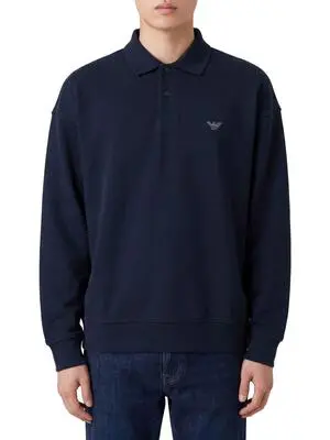 Emporio Armani Long-sleeved Cotton Polo Shirt With Embroidered Eagle Logo - Blue