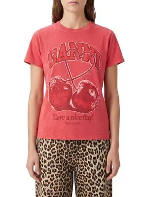 GANNI Crew Neck Cotton T-shirt With Printed Logo - Red