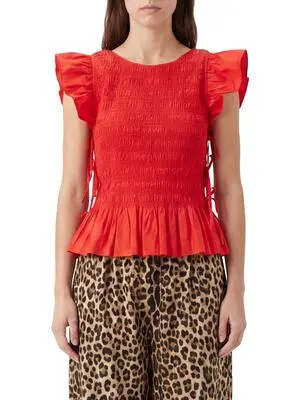 GANNI Sleeveless Ruched Stretch Cotton Top - Red