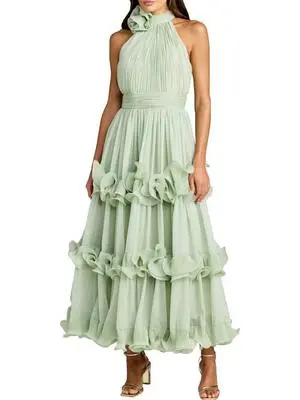 Mac Duggal Chiffon Halter Neck Tiered Ruffle Midi Dress - Jade