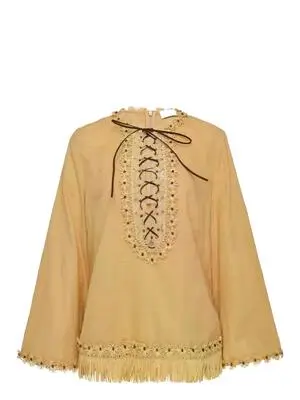 Zimmermann Lace-up Fringed Blouse - Orange
