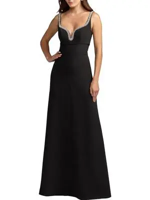 Mac Duggal Petite Sleeveless Crepe A-line Gown With Rhinestone Trim - Black