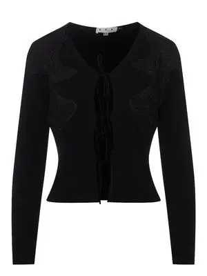 E.U.X. EXCLUSIVE Knit Lace Cardigan With Bow Tie Detail - Black