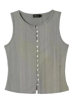 TOUT A COUP Ribbed Button-front Top - Grey