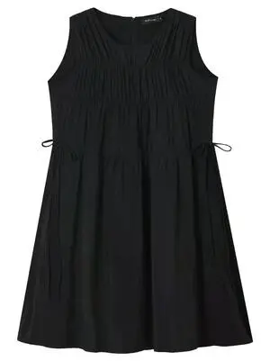TOUT A COUP Ruched Sleeveless Round Neck Mini Dress - Black