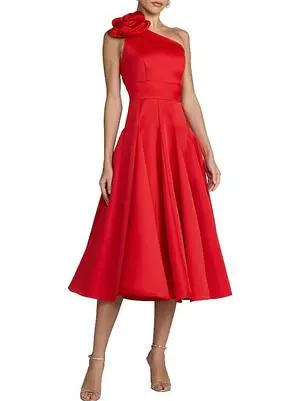 Mac Duggal One Shoulder Satin Midi Dress With 3d Flower Detail - Red