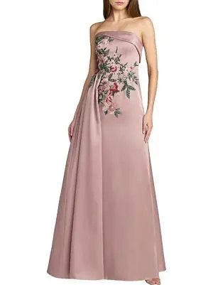 Mac Duggal Strapless Embellished Floral Gown - Mocha