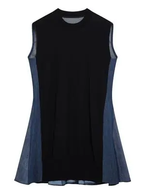 Sacai Paneled Knit And Denim Dress - Blue