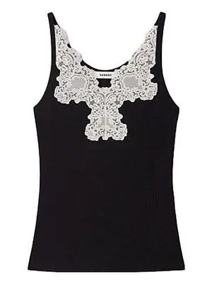 Sandro Ribbed Lace-embroidered Stretch-cotton Vest - Black