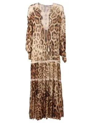 ERMANNO SCERVINO Ermanno Scervino Long Sleeve Leopard-Print Lace-Trimmed Maxi Dress