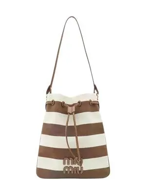 Miu Miu Striped Canvas Logo Drawstring Handbag - Brown