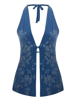 MAISON SEL Wrap Around Top With Embroidered Detailing - Blue