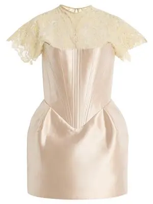 DE LA VALI Catalina Satin Mini Dress With Lace Cape - Neutral