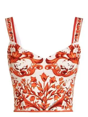 Dolce & Gabbana Maiolica Print Silk Sweetheart Neck Top - Multicolor