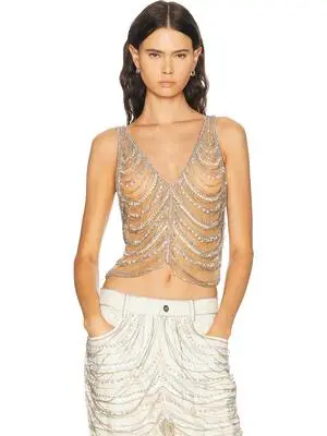 Lapointe Draped Crystal Embroidery V Neck Tank Top - Silver