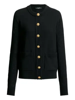 Balmain Merino Wool Cardigan With Lion Chain Buttons - Black
