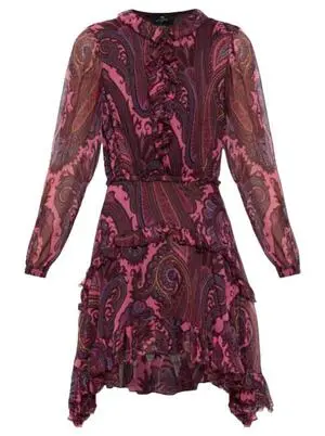 Etro Ruffled Paisley Print Long Sleeve Mini Dress - Red